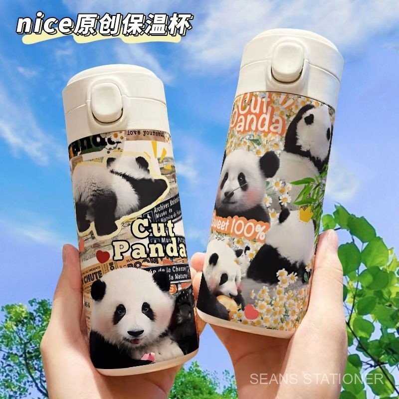 Panda kartun comel bunga cawan termos pelajar kecil membawa kacang ...