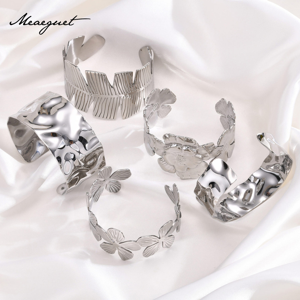 Meaeguet Chunky Silver Cuff Bracelets for Women,18K Gold Plated Flower ...