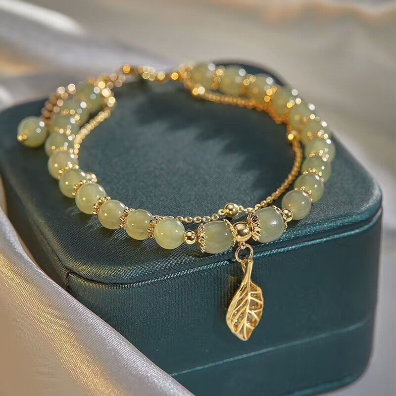 Hetian Yu Golden Branch Jade Leaf Student Girlfriend Bracelet Light ...
