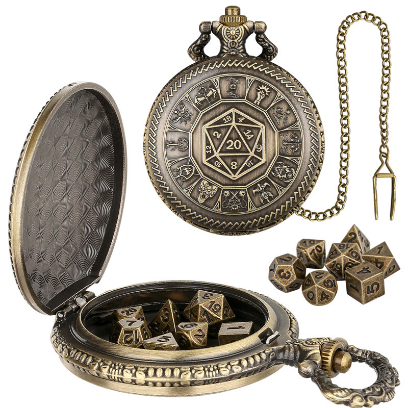 7pcs Metal Polyhedral Dice Set Pocket Watch Case FOB Chain DND Role ...