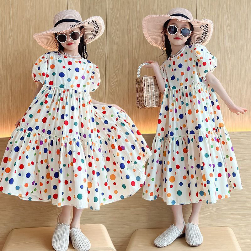 2024 New Style Girls Polka Dot Dress Girls Western Style Puff Sleeves ...
