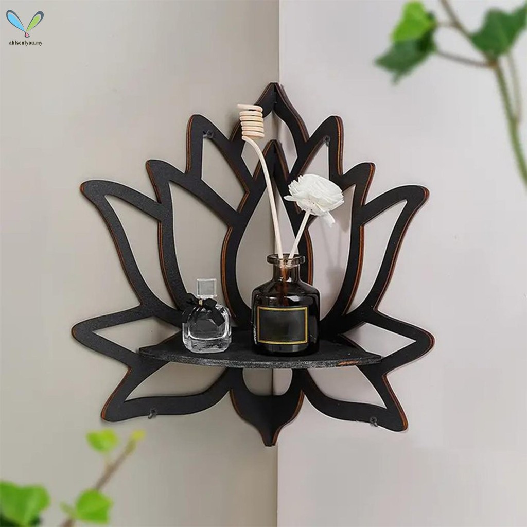 Lotus-Shaped Wooden Corner Shelf Floating Shelves Crystal Display Shelf ...