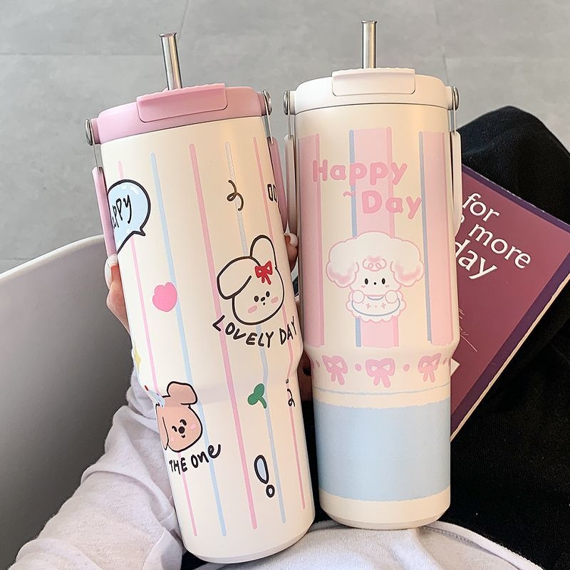Cute Thermos Cup with Straw 900ml Portable Large Capacity Water Bottle ...