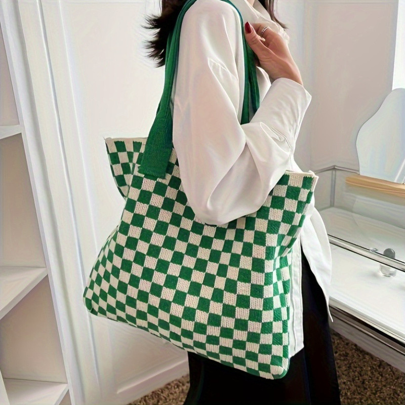 Checkered Knitted Shoulder Bag Trendy Plaid Pattern Tote Bag Large ...