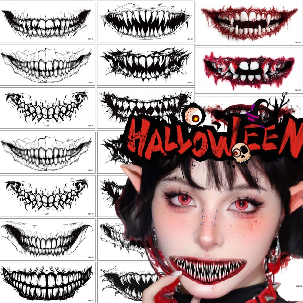 Scary Big Mouth Skull Teeth Body Art Sticker Waterproof Long Lasting ...