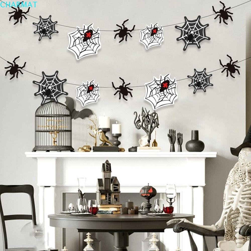 CHARMAT Halloween Spider Banner, Scary Black Spider Web Hanging Flag ...
