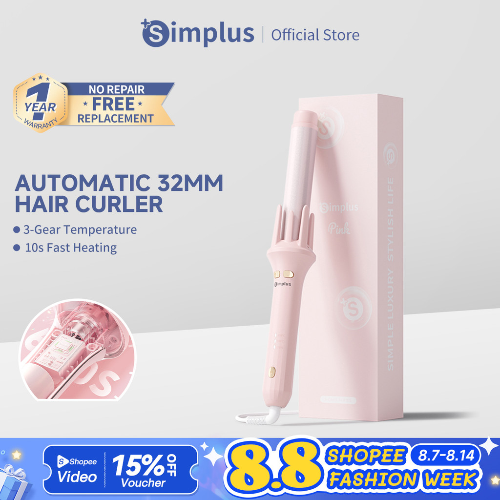 【Simplus Pink】Auto Curling Iron 32MM Long Lasting Big Curls Loose Waves No-Damage Hair Styler ...