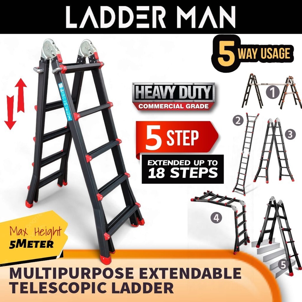 5 STEP Black Transformable Telescopic Extendable Ladder Heavy Duty ...