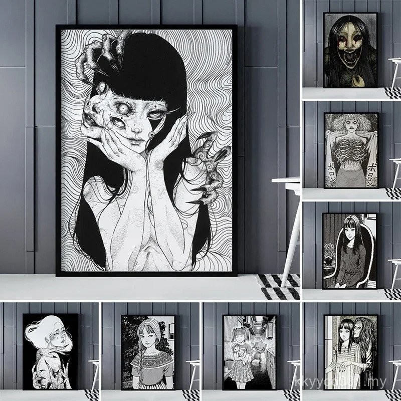 Kawakami Tomie Junji Ito seram komik Poster mencetak Poster putih hitam ...