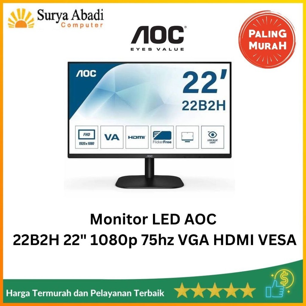 AOC 22 inch Monitor | AOC LED Monitor 22B2H 22" 1080p 75hz VGA HDMI ...