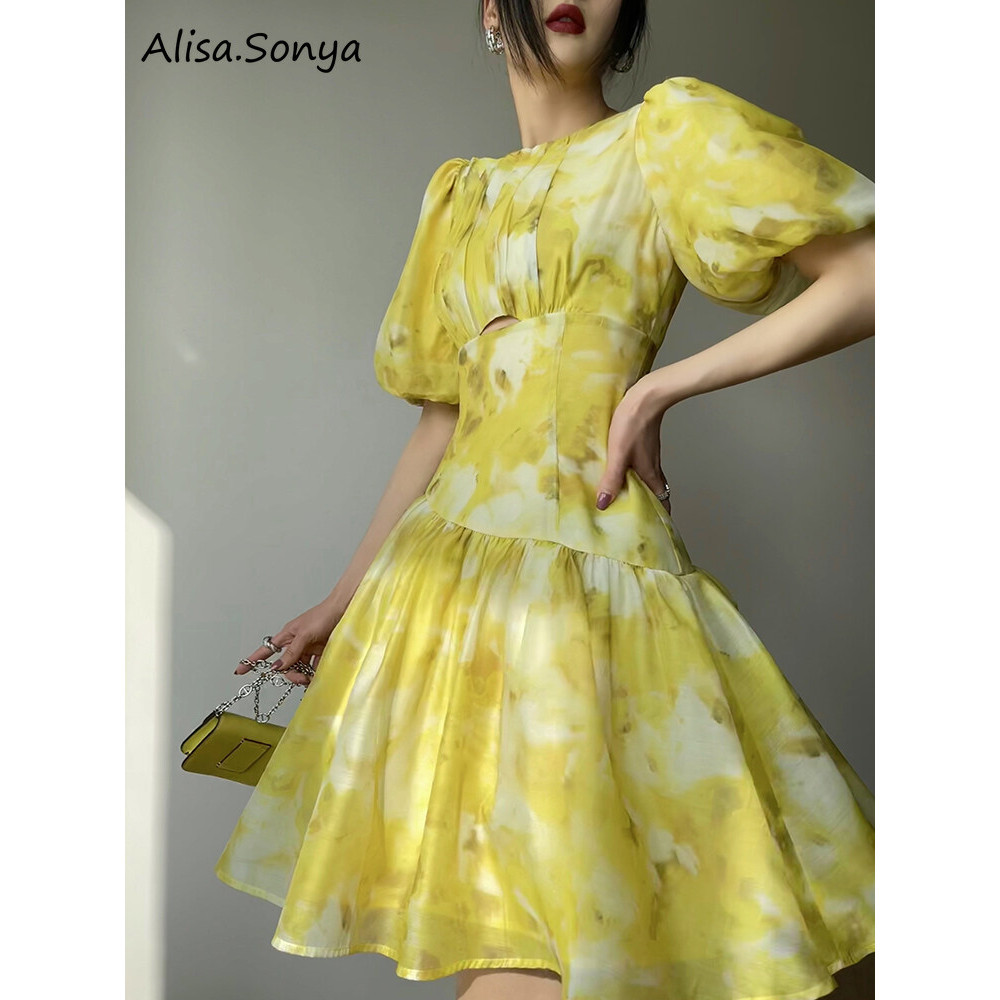 Alisa.Sonya Elegant Dress French Style Lemon Yellow Floral Pattern Midi ...