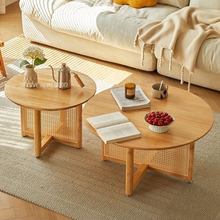 Japanese coffee table round solid wood rattan side table sofa side ...