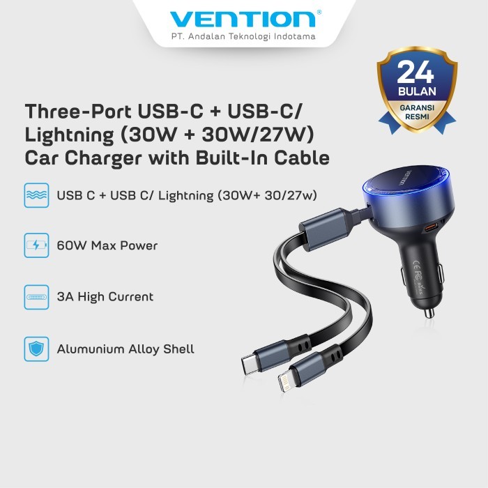 Vention Car Charger USB C 60W 3A With Built in Cable USB C / Lightning ...