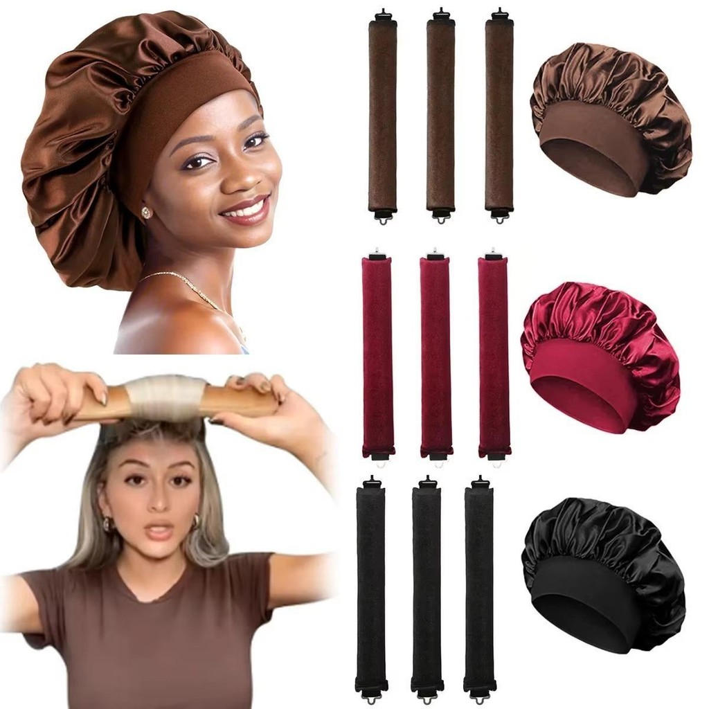 Heatless Hair Curler Satin Sleeping Cap Set No Heat Hair Rollers ...
