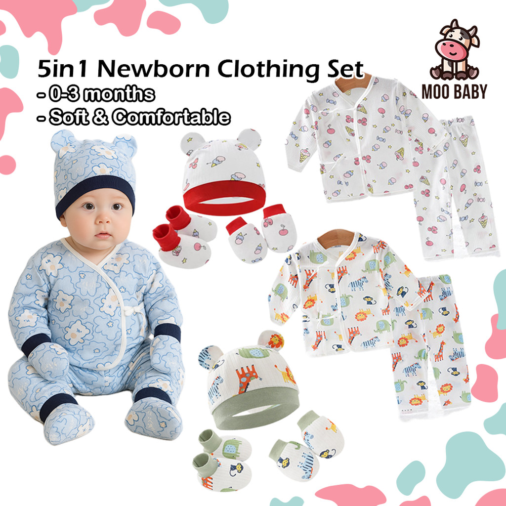 Moo Baby 5pcs Newborn Baby Clothing Set Long Sleeve Pyjamas Baby ...