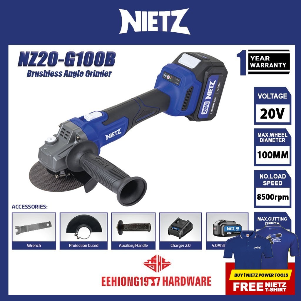 NIETZ NZ20-G100B Brushless Cordless Angle Grinder Mesin Grinder Bateri ...