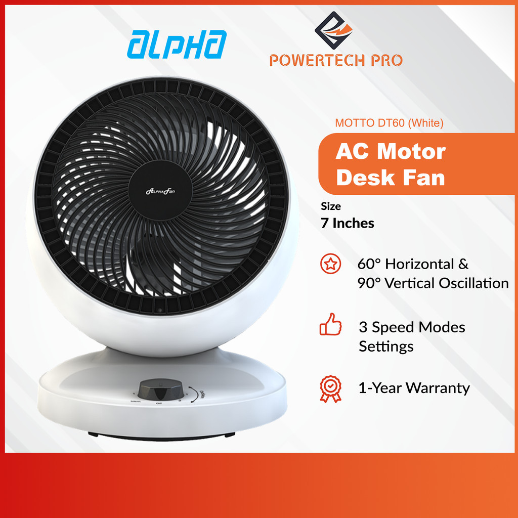 Alpha Desk Fan with AC Motor 3-in-1 Knob Controller with 3-Speed Modes ...