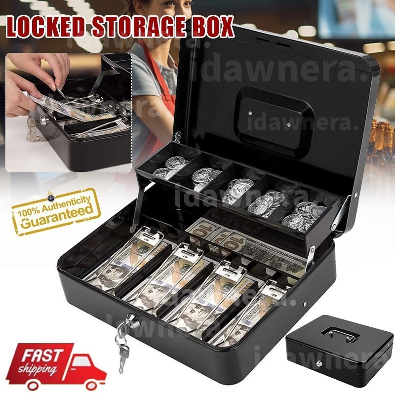 PracticalLarge Capacity Petty Cash Money Box Stainless Steel Security Lock Lockable Safe Small ...