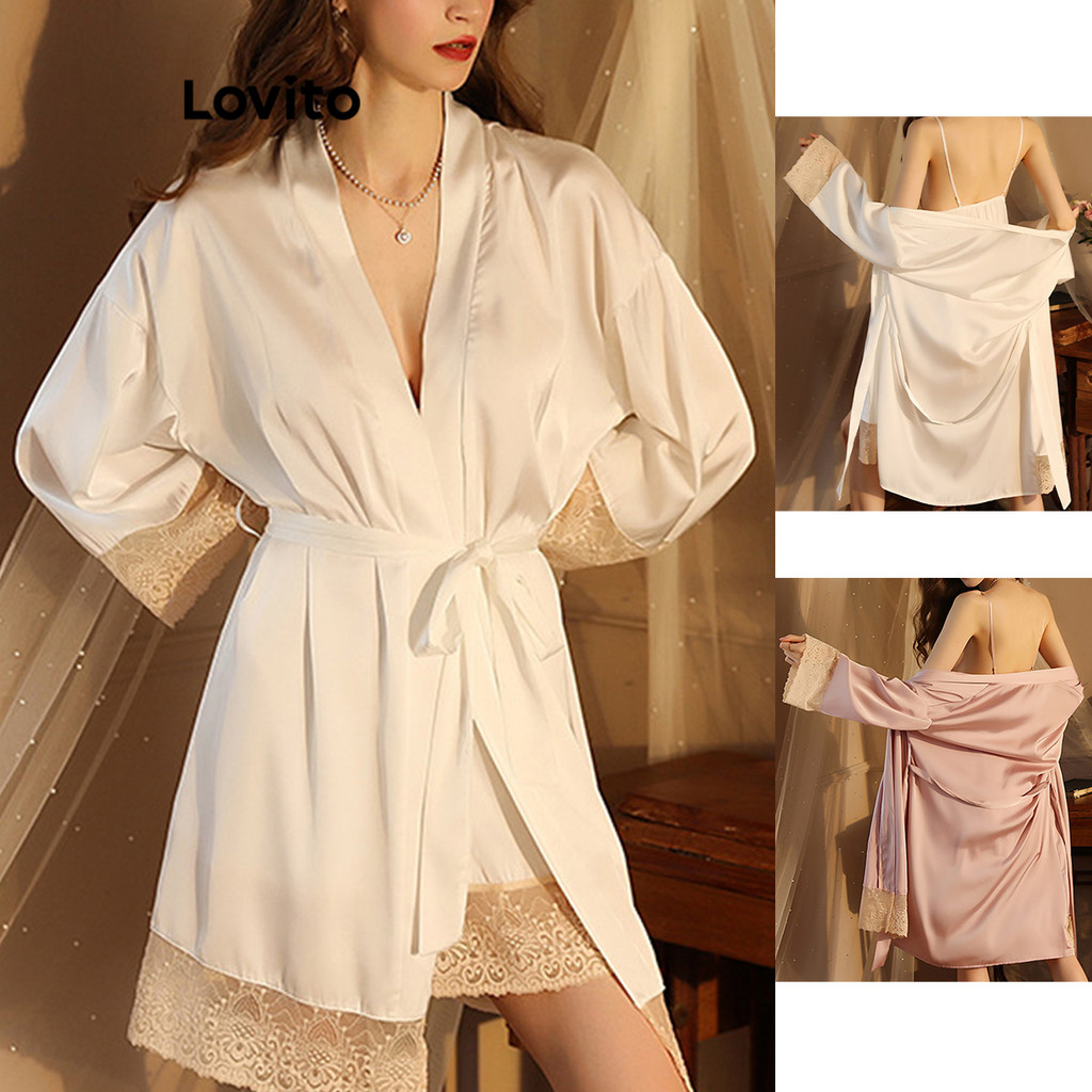 Lovito Plain Lace Robes for Women LNA70716 Lovito Jubah Polos dengan ...