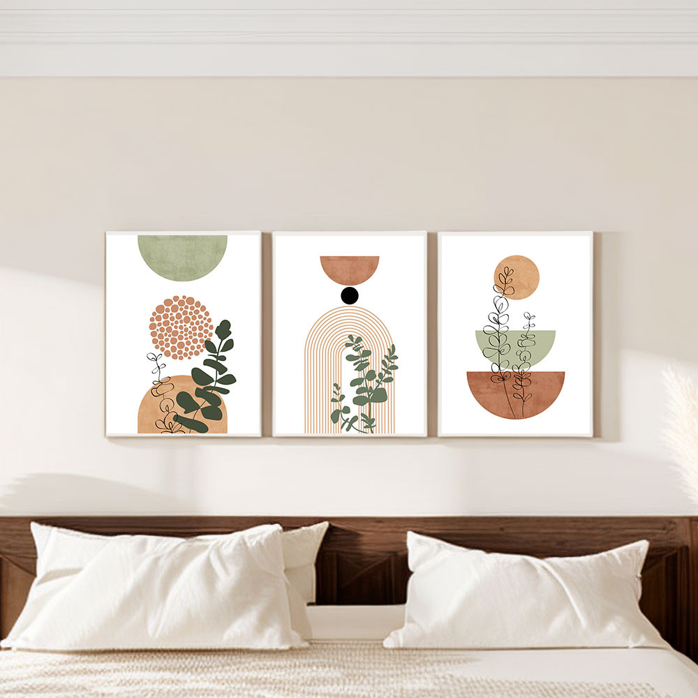 (With Frame) 3pcs Modern Boho Abstract Green Leaf Plant Poster Prints ...
