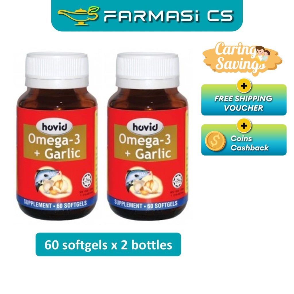 Hovid Omega-3 + Garlic 60 Softgels x 2 Bottles (TWIN) EXP:06/2027 ...