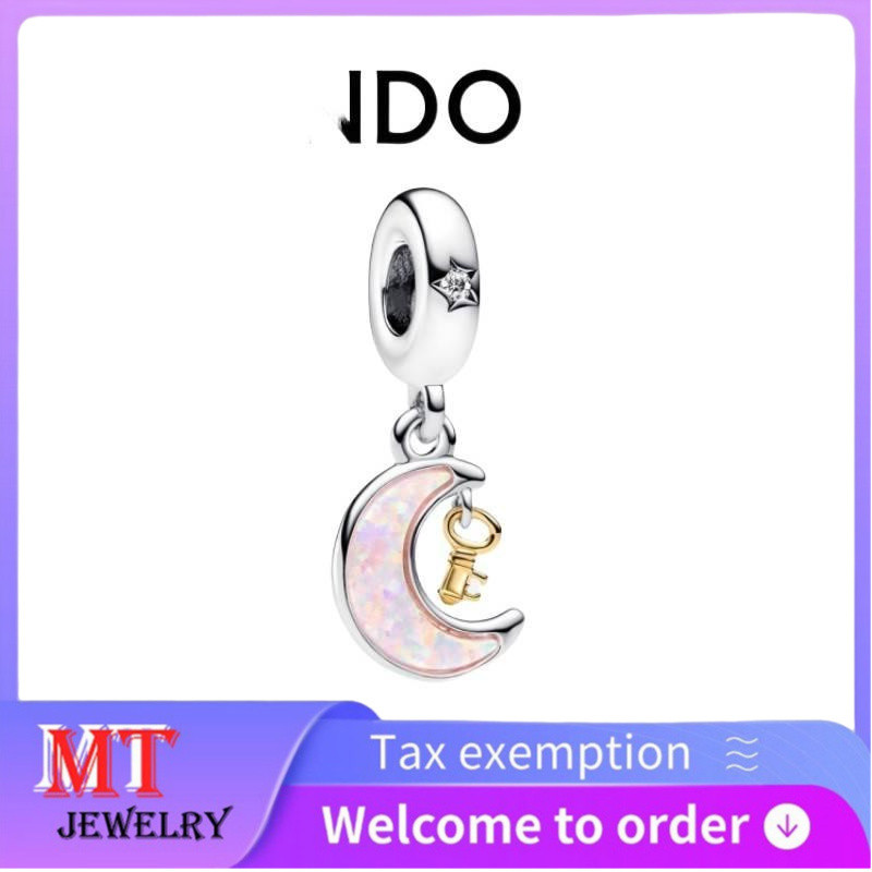 Hot selling S925 sterling silver couple ladies jewelry DIY Two-tone Key & Moon Dangle Charm ...