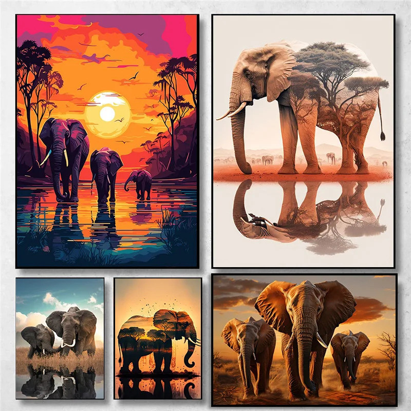 Vintage Elephants Sunset Landscape Wild Elephant Animal Art Posters ...