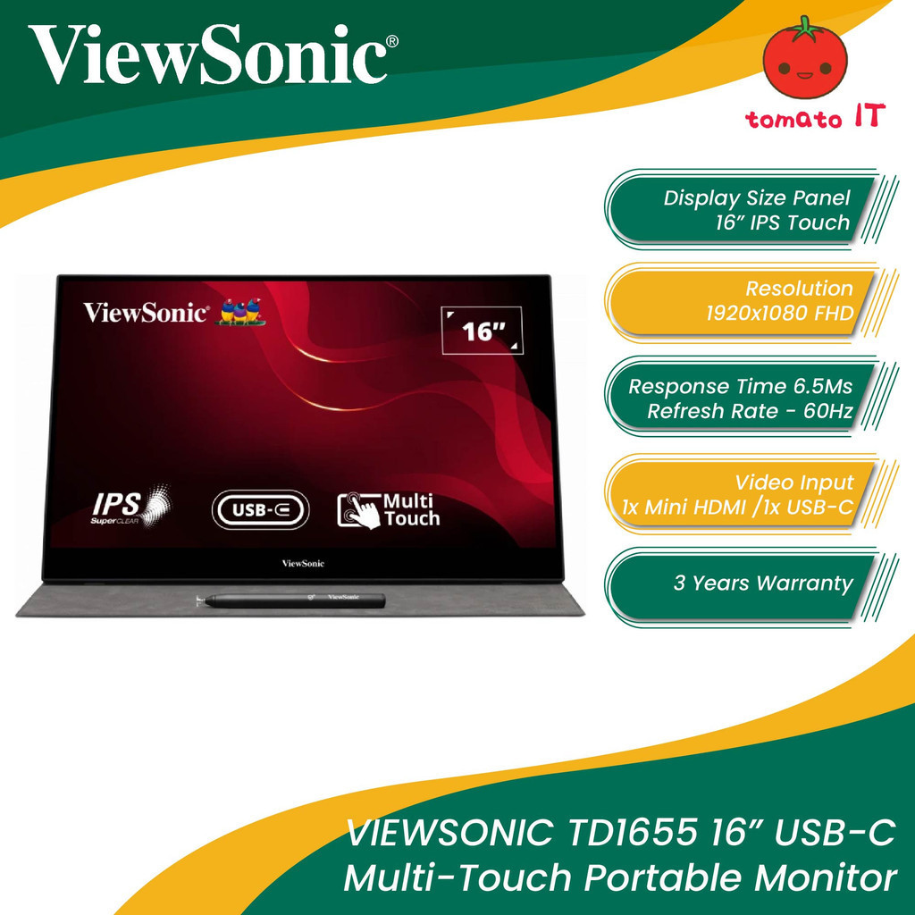 VIEWSONIC TD1655 16” USB-C Multi-Touch Portable Monitor - IPS/FHD/Mini ...
