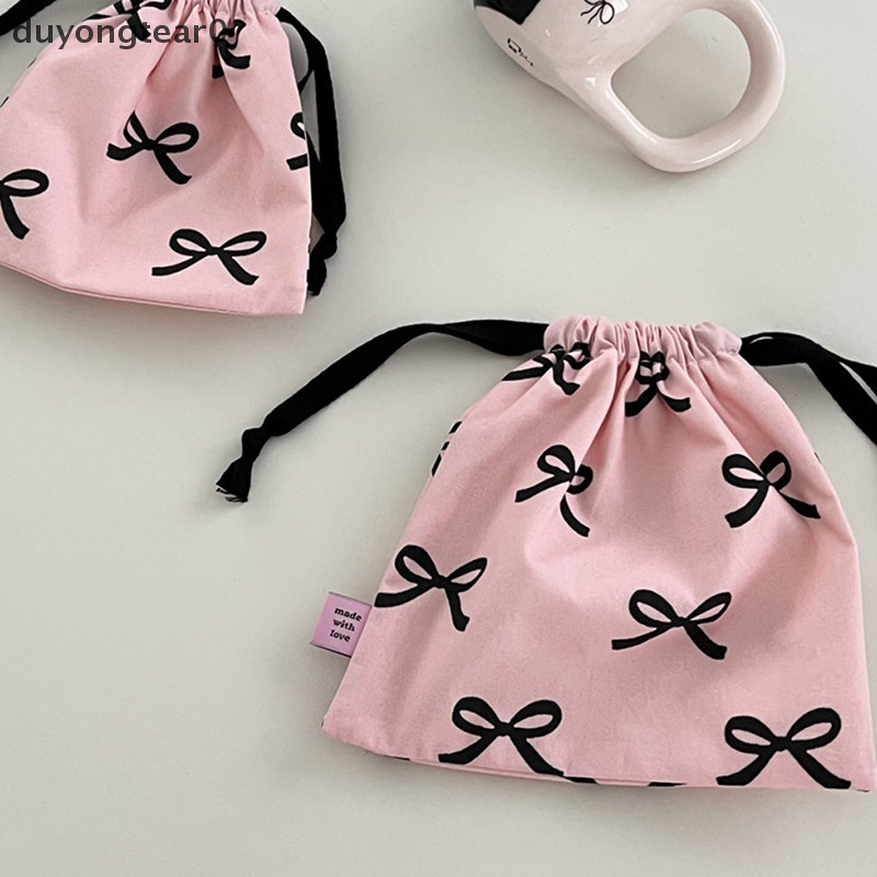 (duyongtear0) Bow Knot Striped Mini Drawstring Bag Cosmetic Storage ...