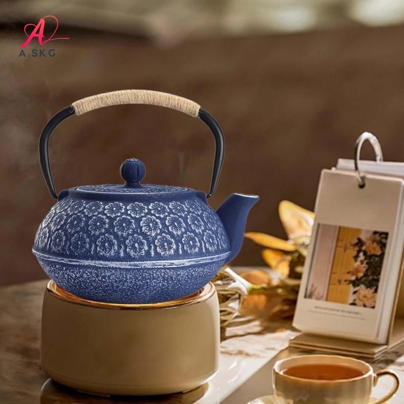 [COD] Cast Iron Teapot Enamel Interior 1L Retro Pattern Decorative Tea ...