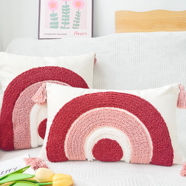 Pink Bolster Case Sofa Cute Loop Velvet Cushion Cover Bed Window Cotton ...