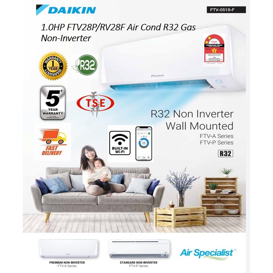 Daikin 1.0HP~FTV28P/RV28F wall type air con R32 Gas Non-Inverter (Buit ...