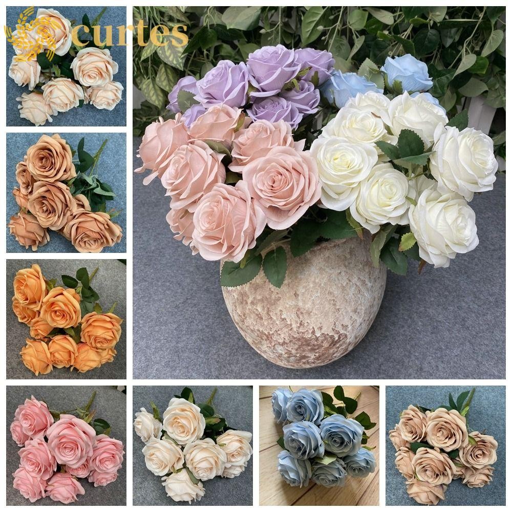 CURTES 9-heads Rose Flowers, Silk Flower Arrangement Artificial Rose ...