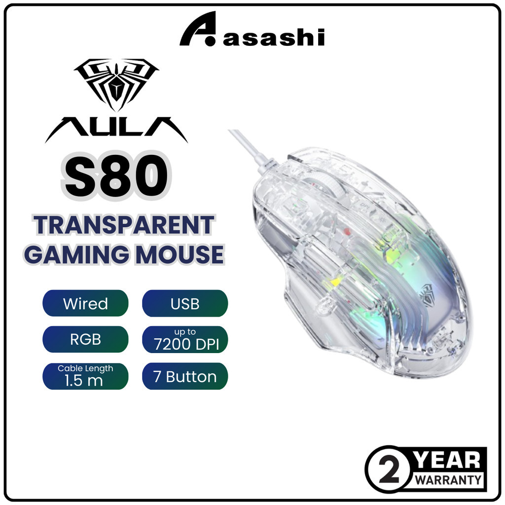 AULA S80 Transparent Gaming Mouse Ergonomic 7200DPI Programmable 7 ...