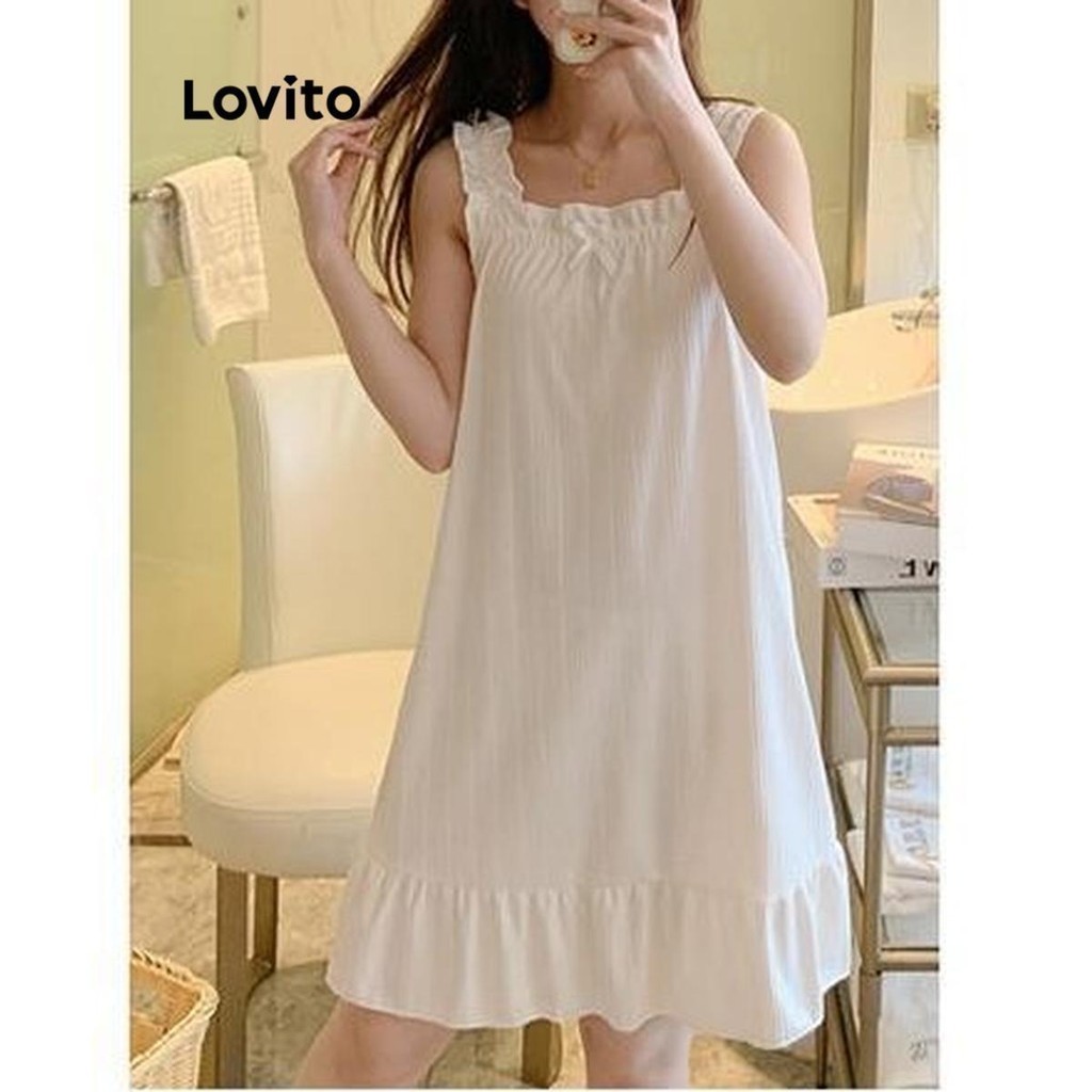 Lovito Sexy Plain Bow Ruffle Sleep Dress for Women LNE56320 Lovito Gaun ...