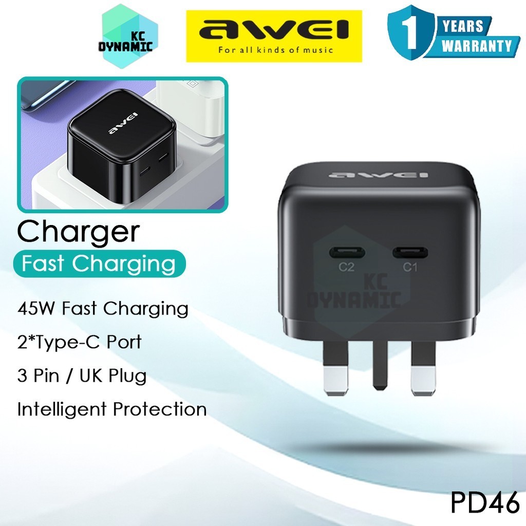 Awei PD46 Charger Adapter 45W Fast Charging Charger 45W Charger Wall ...