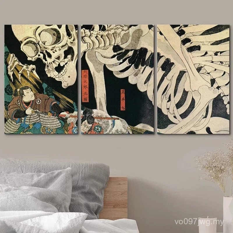 Canvas Poster Wall Art Set of 3 Ukiyo-E Skeleton Living Room Bedroom ...