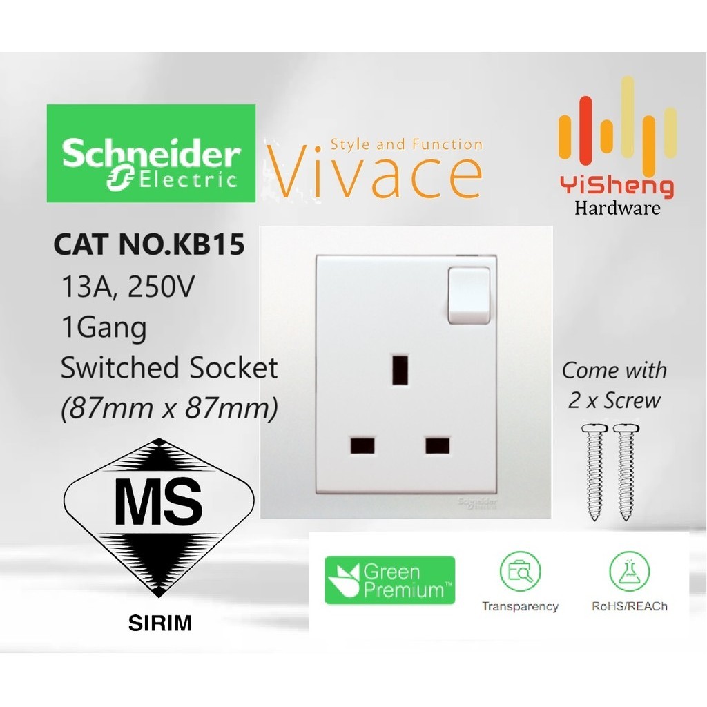 Schneider Vivace KB15 13A 250V 1-Gang Switched Socket (White) Size 87mm x 87mm Sirim Approved ...