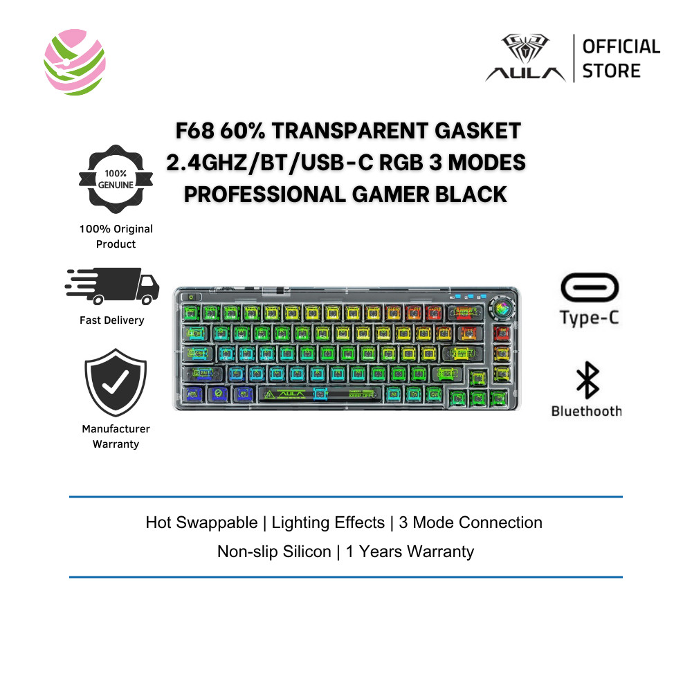 AULA F68 60% transparent Gasket 2.4Ghz/BT/USB-C RGB 3 Modes ...
