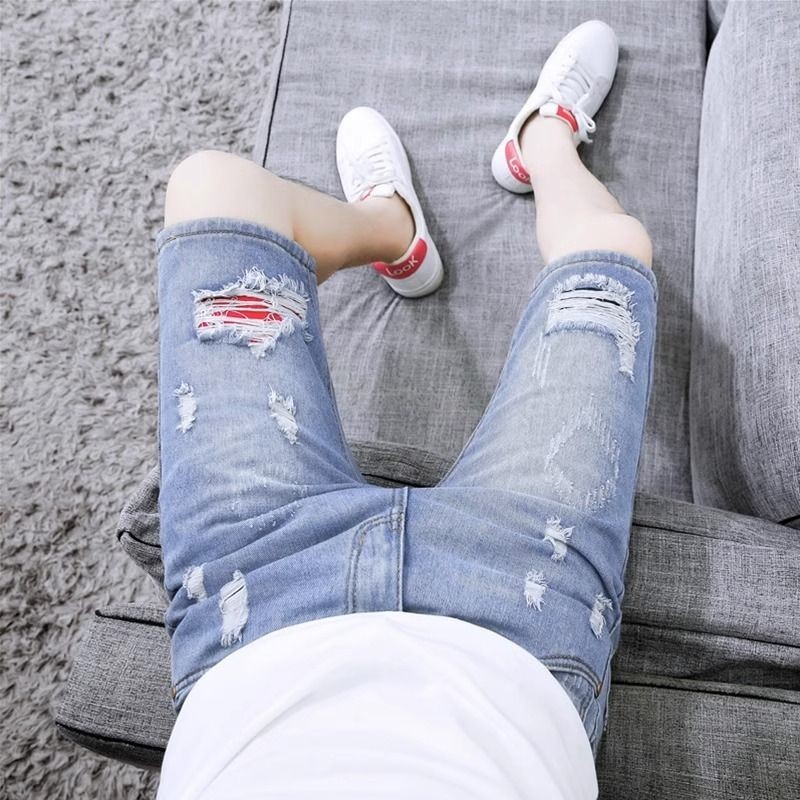 Thin Five-point Jeans Men Retro Light Blue Men's Middle Pants Street ...