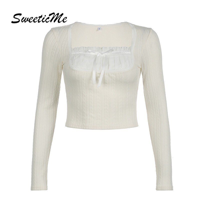 SweeticMe Women's 2024 New Fashion Bow Square Neck Long Sleeves Knit ...
