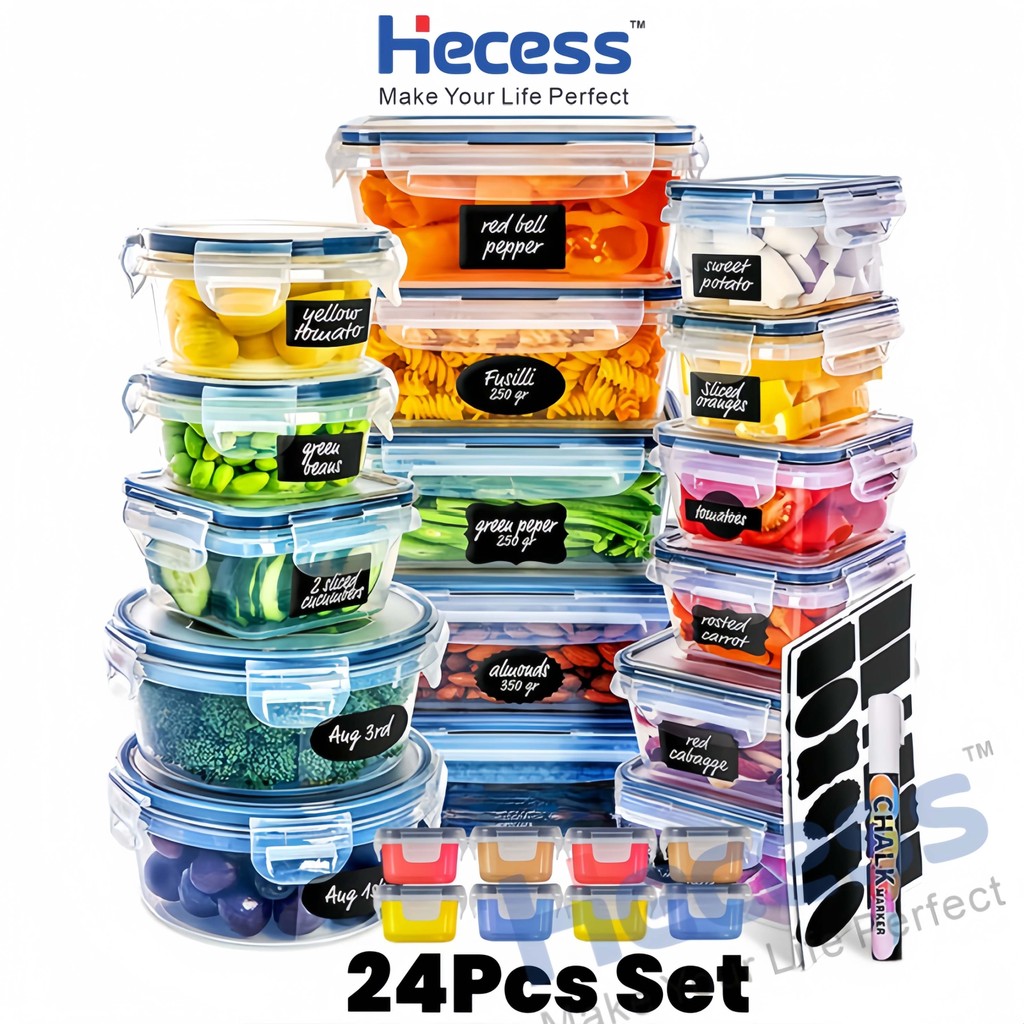 Hecess 24Pcs Kitchen Plastic Food Containers with Airtight Lids Leak ...