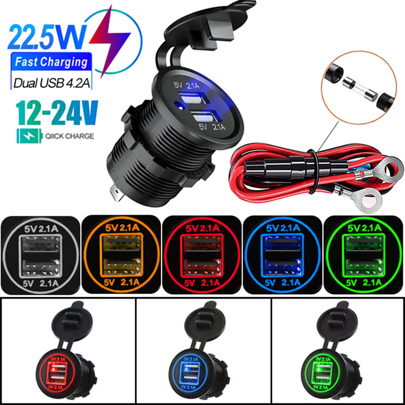 12/24V Dual USB Port Car Charger Motorcycle 5V 4.2A Charger Socket ...