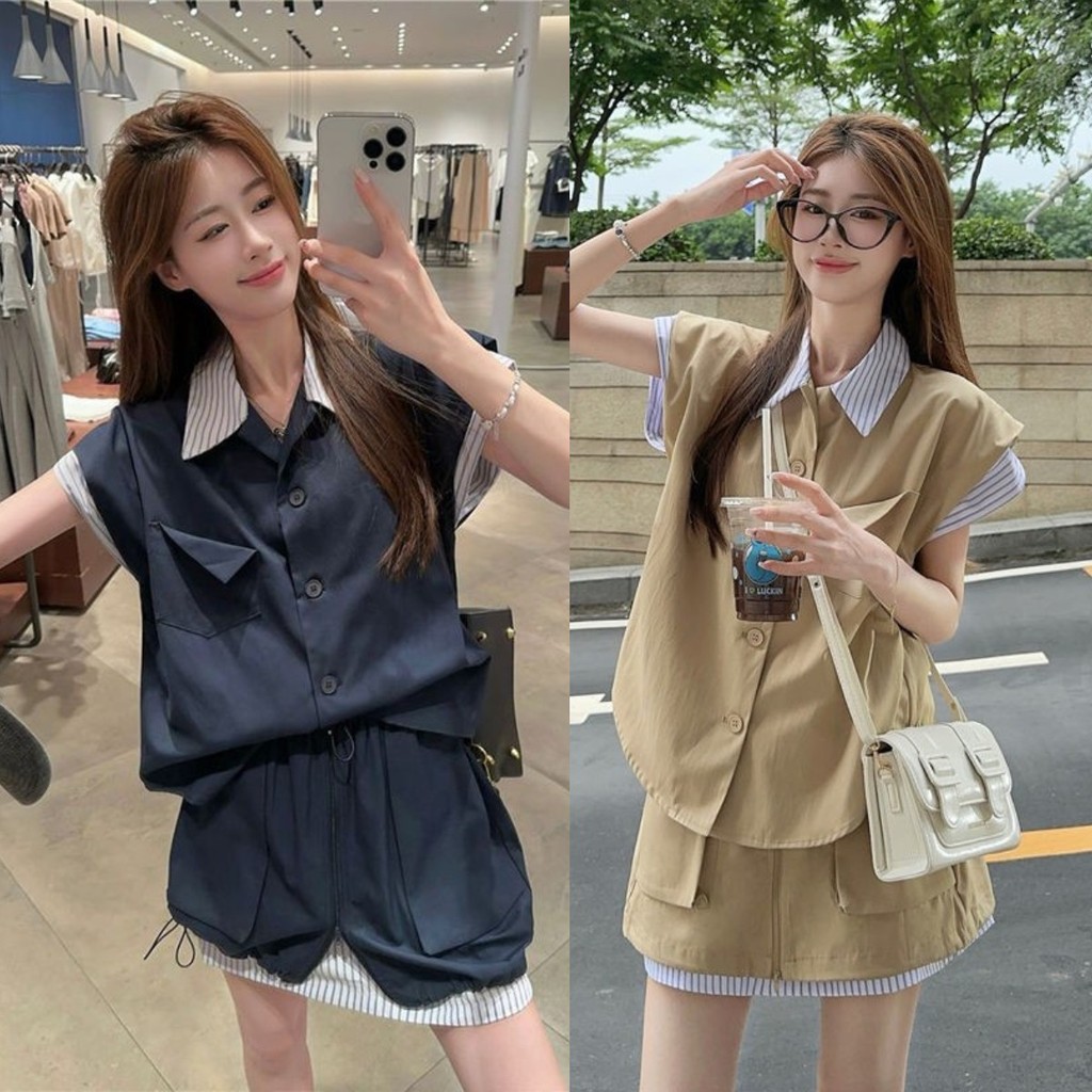 Suit Women Spliced Contrast Sleeveless Vest+ Tops+skirt Tooling Casual ...