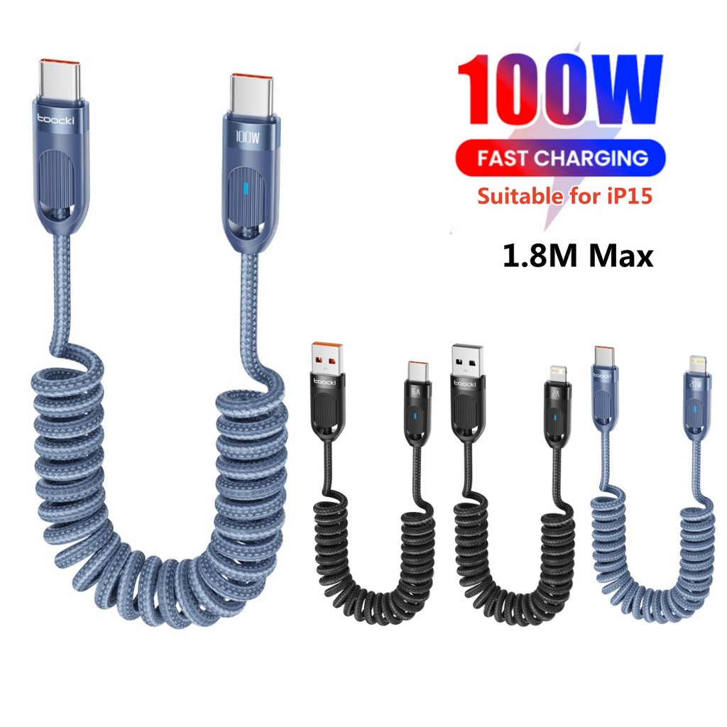 100W PD Type C Car Spring Cable Telescopic Fast Charging Cable for ...