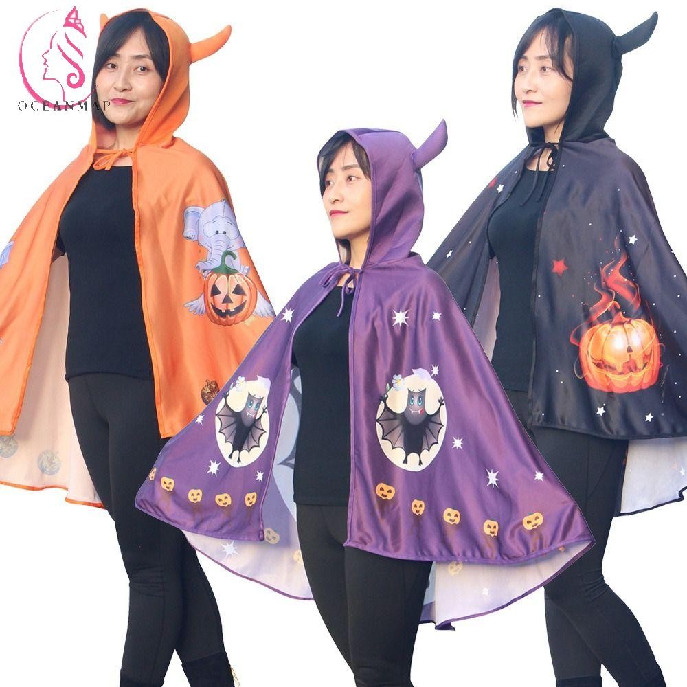OCEANMAP Devil Horn Hooded Cloak, Witches Robes Adult Kids Halloween ...
