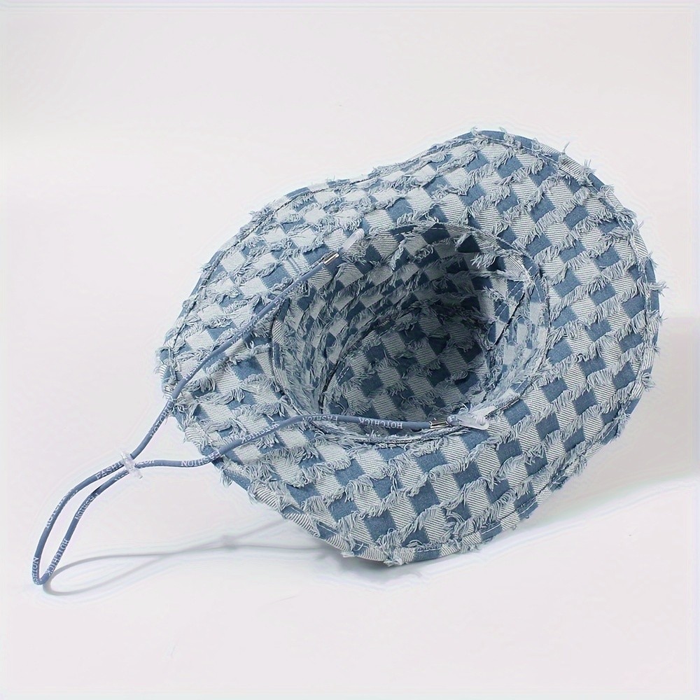 Raw Hem Denim Cowboy Hat Trendy Checkered Washed Distressed Blue Sun ...