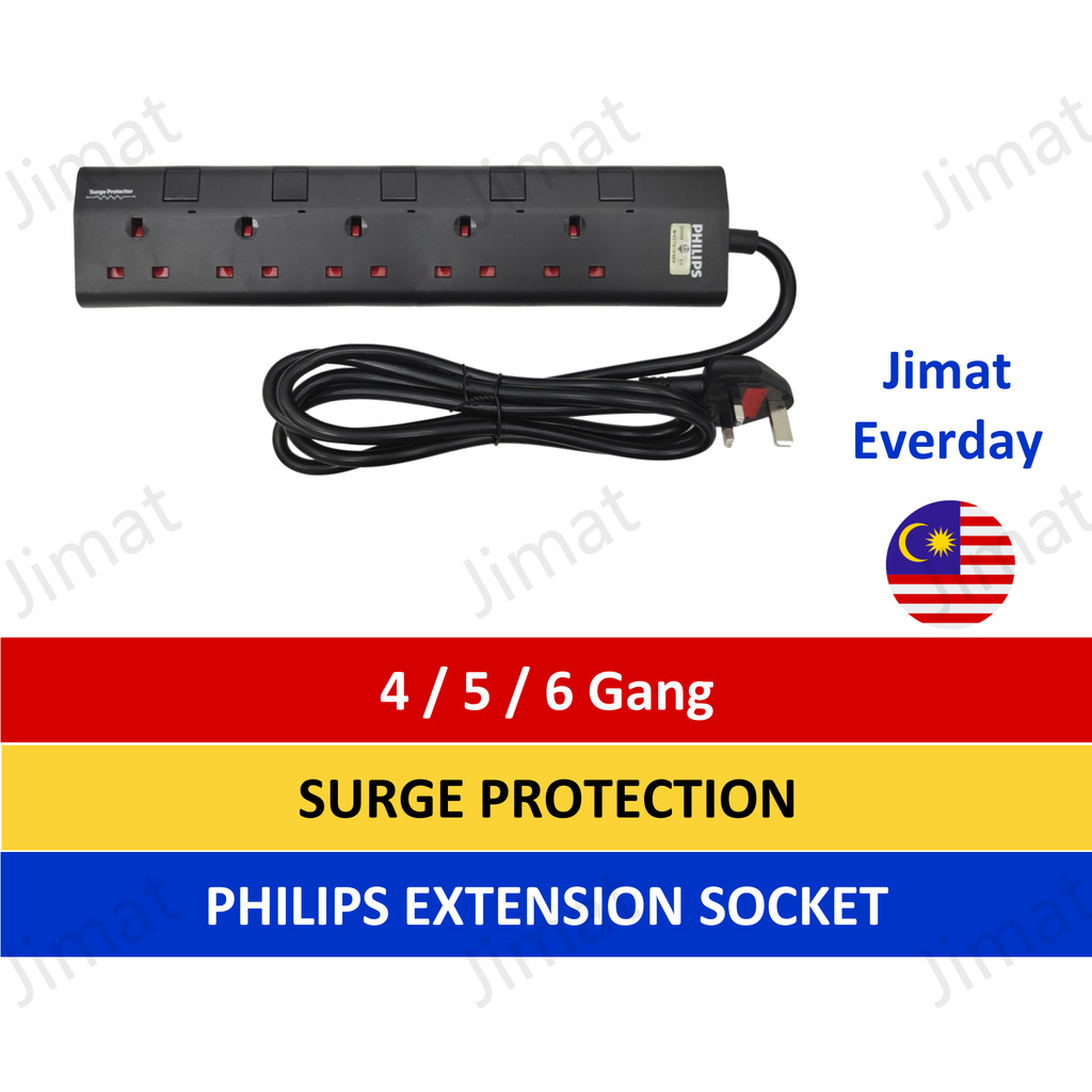 [SIRIM] PHILIPS 4/5/6 Gang Surge Protector Protection extension socket ...