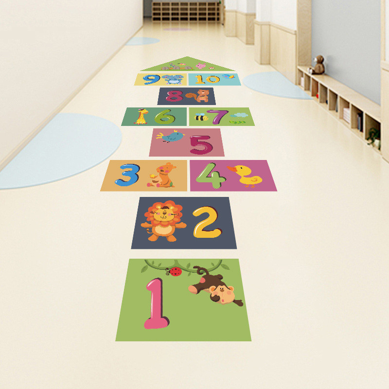 Number Lattice Floor Sticker with 1 Pair Kids Footprint Stickers, Funny ...