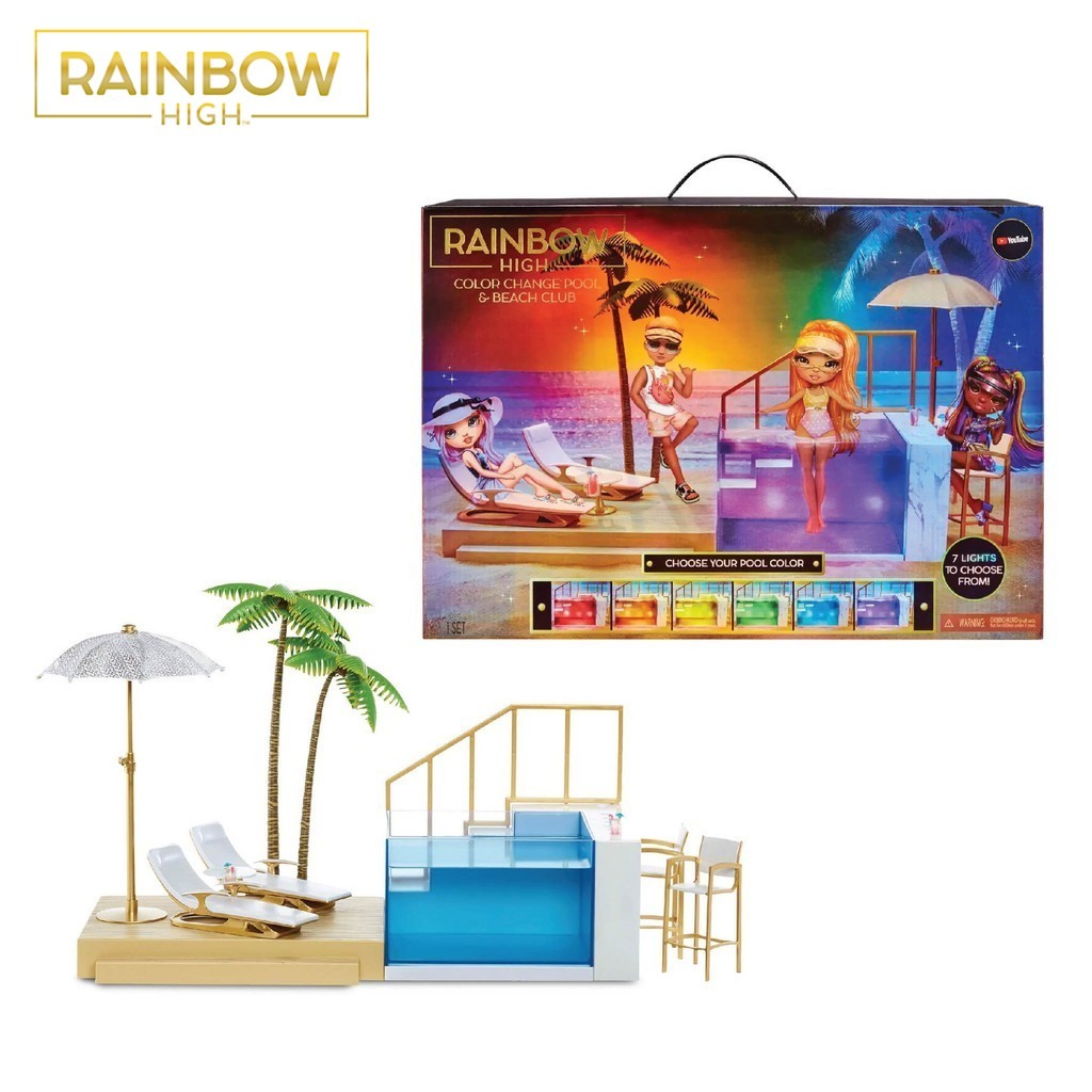 Rainbow High Color Change Pool & Beach Club Playset With 7 Lights To ...
